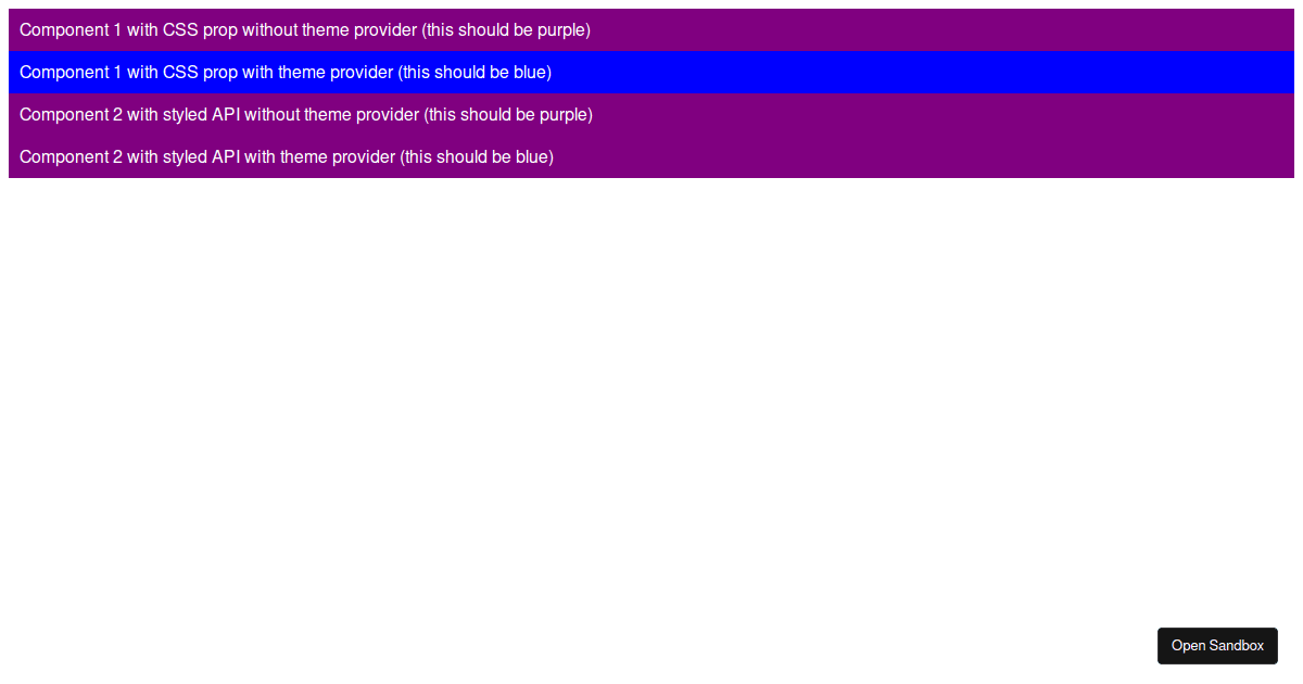 Emotion 10 theming w/ default fallback values - Codesandbox