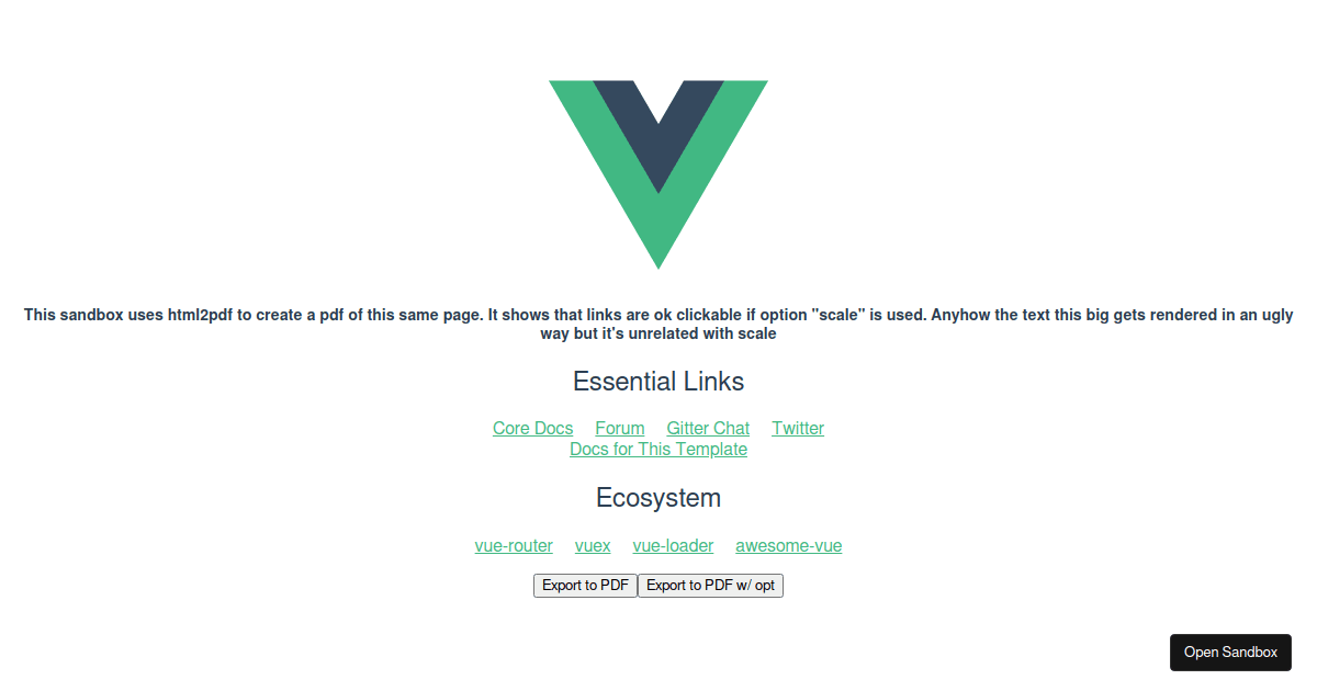 html2pdf - links and scale - Codesandbox