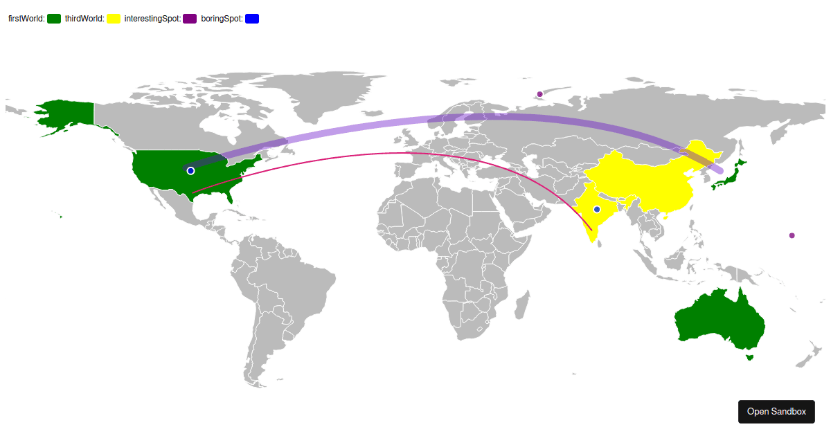 datamaps in React JS - Responsive + area + points + arcs - Codesandbox