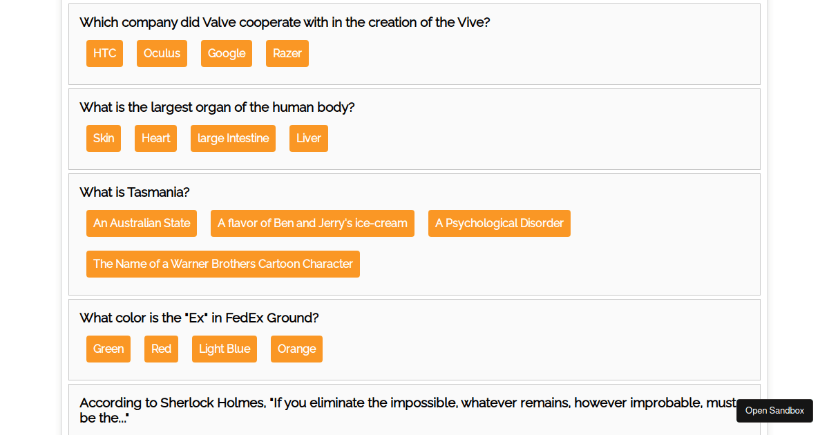 Quiz App React Compnts Codesandbox