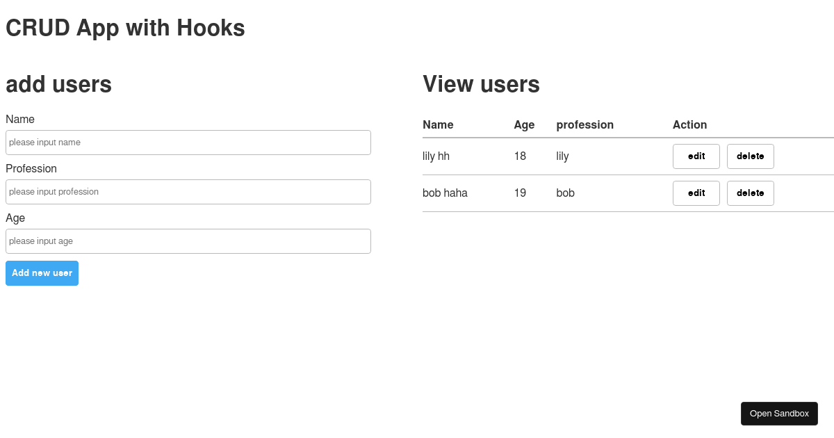 CRUD App with React Hooks and TypeScript (forked) - Codesandbox CRUD App with React Hooks and TypeScript (forked) - Codesandbox