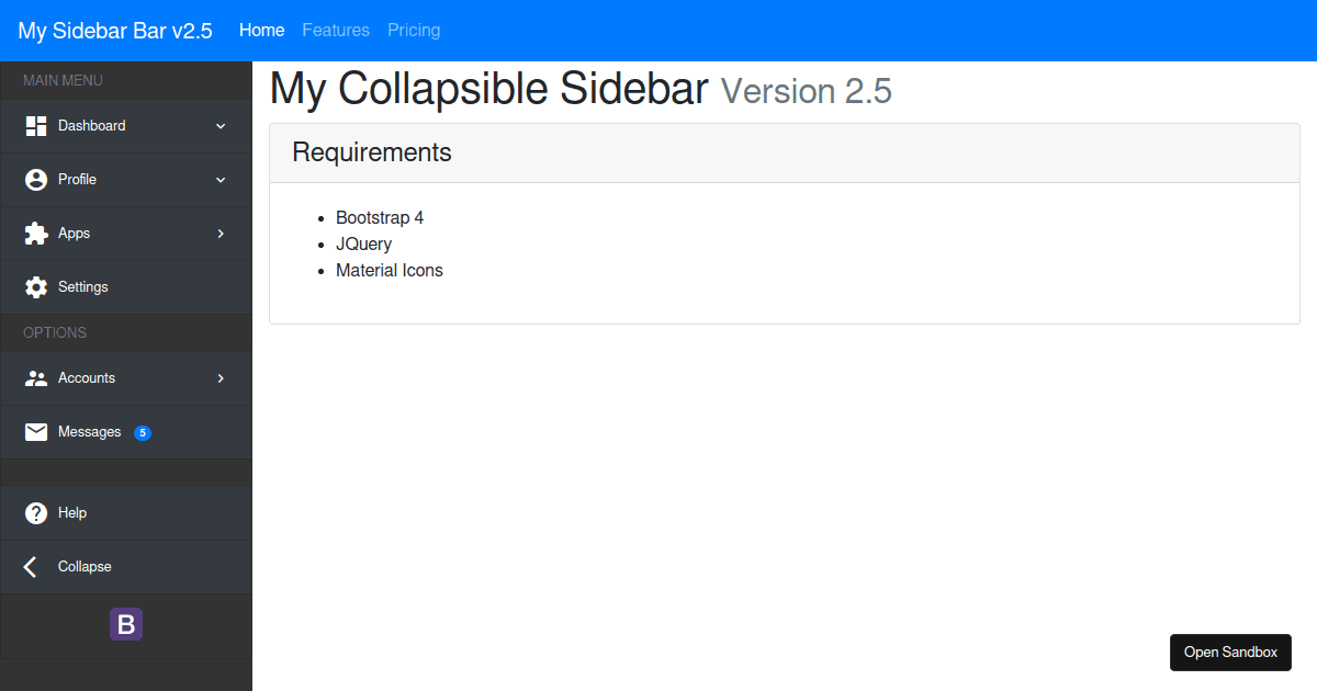 My Collapsible Sidebar 2.5 - Codesandbox