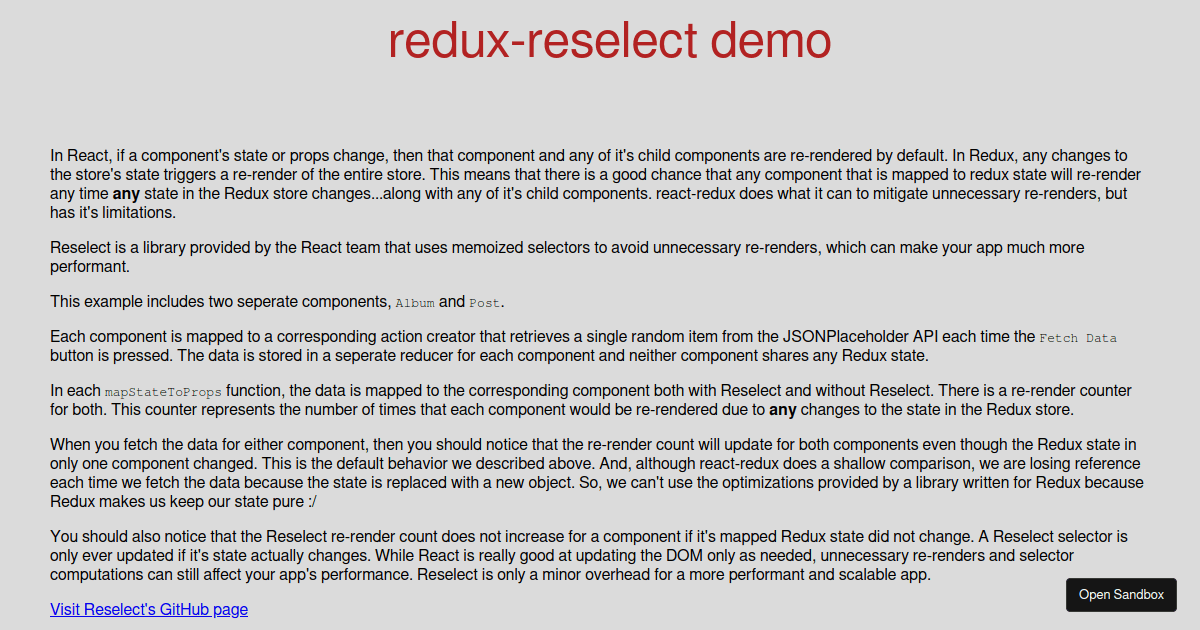 redux-reselect demo - Codesandbox