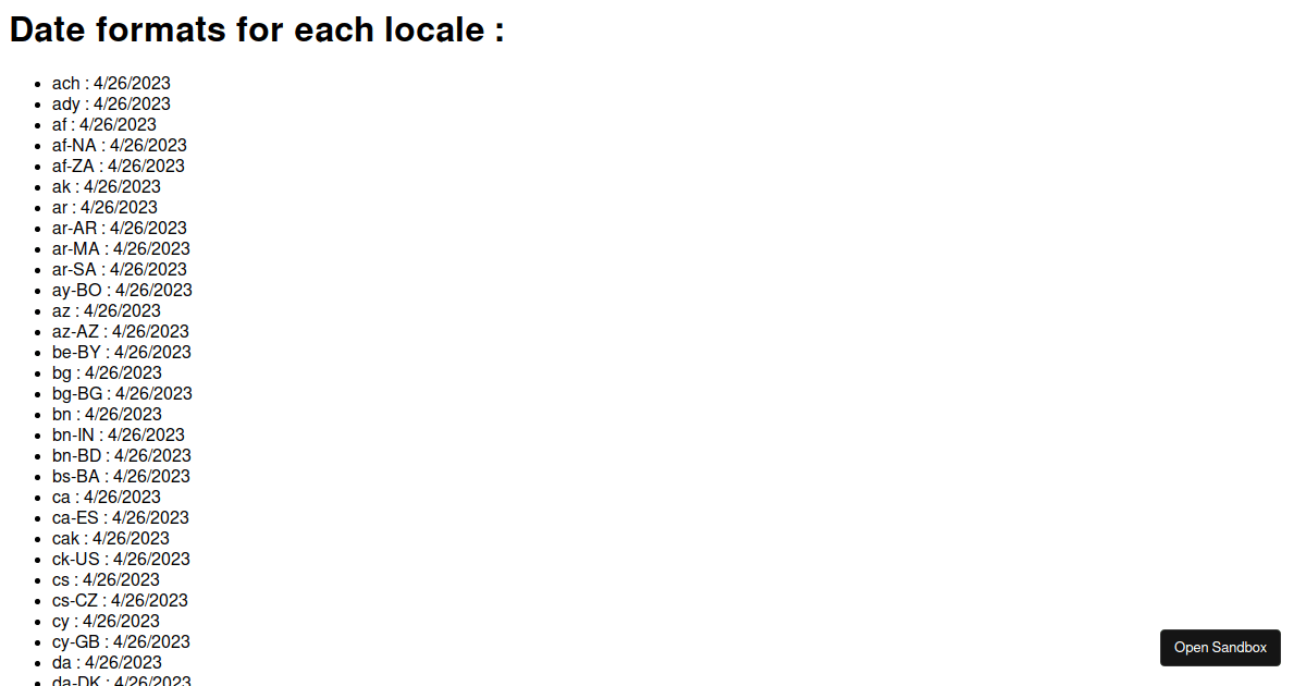 toLocaleDateString() with each locale from langmap - Codesandbox