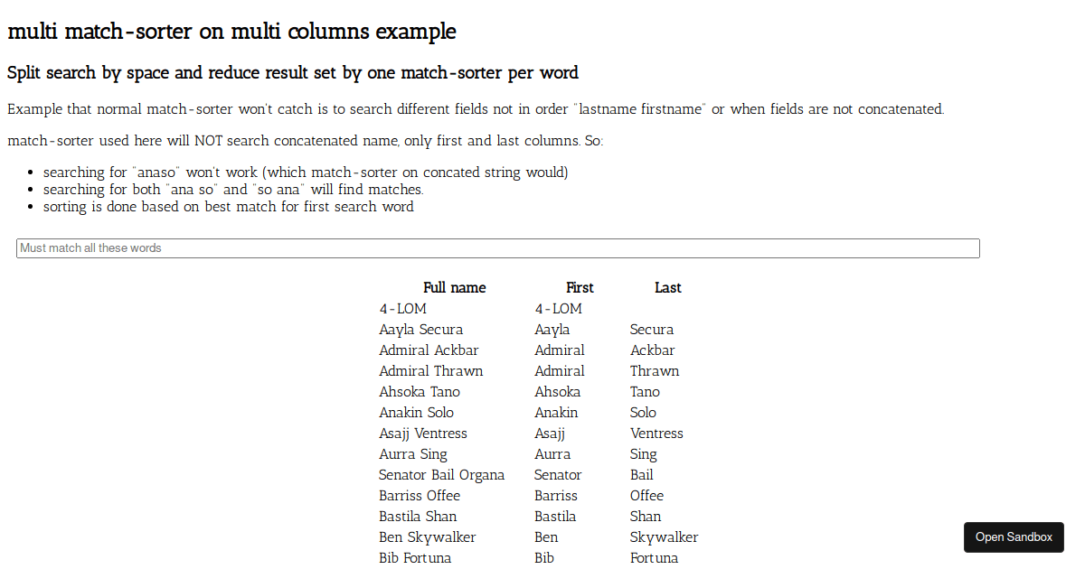 match-sorter example (forked) - Codesandbox