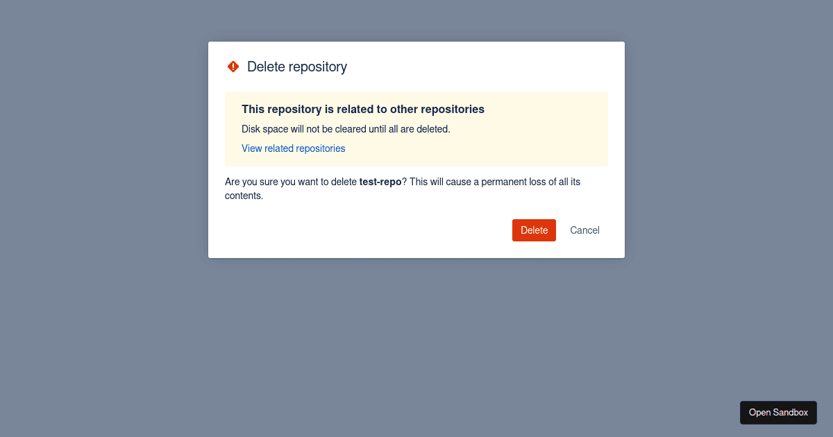 Delete repository dialog example - Codesandbox