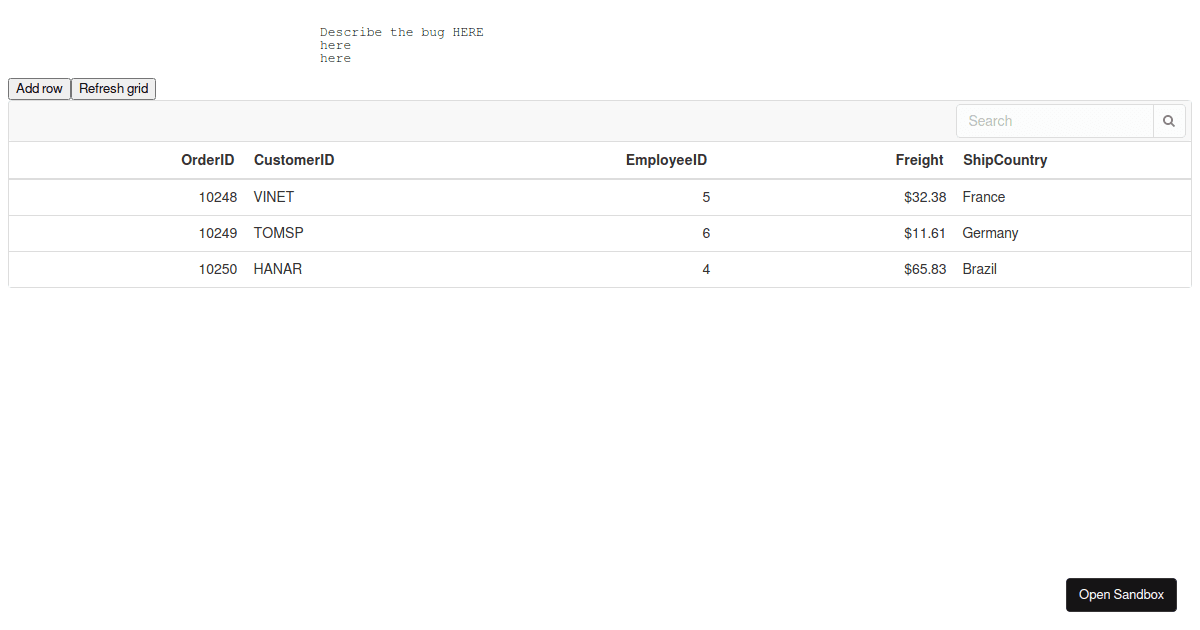 Standalone reproduction Syncfusion datagrid component - Codesandbox