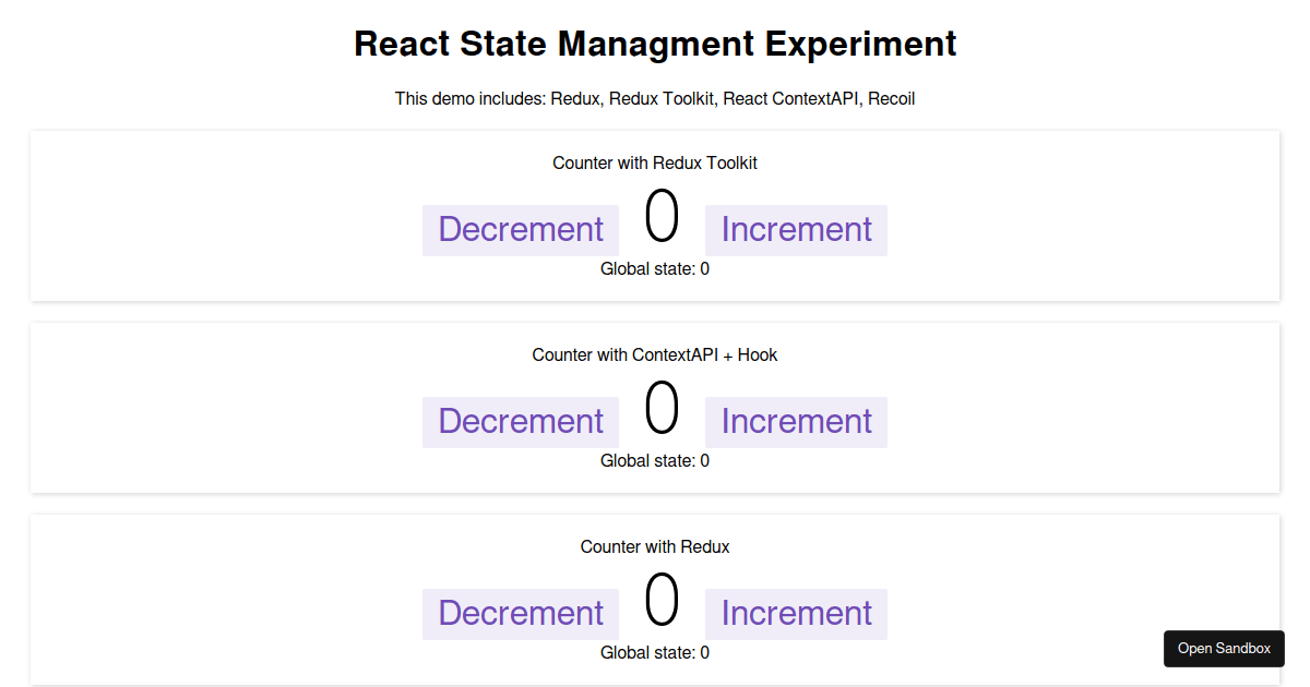 React State Management Experiement Redux Redux Toolkit Contextapi Recoil Codesandbox