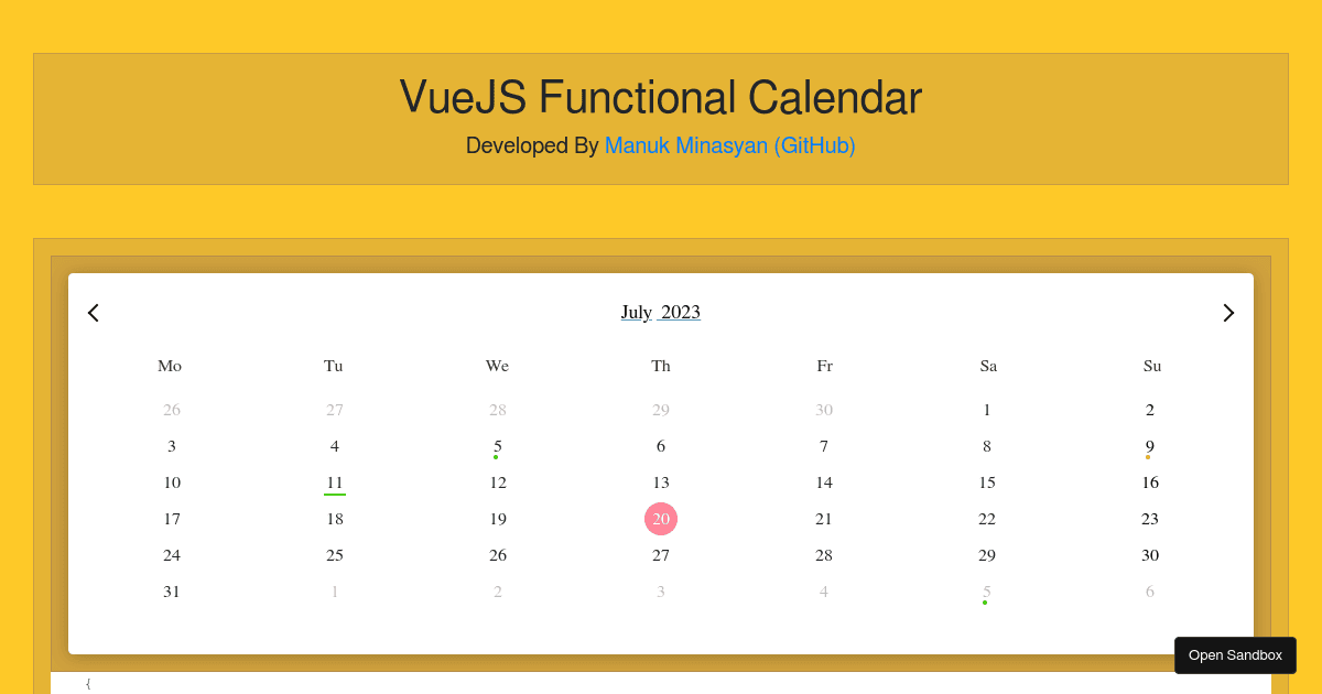 Vuejs Functional Calendar Component Codesandbox 