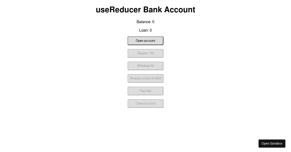 Creating a Bank Account with useReducer hook. - Codesandbox