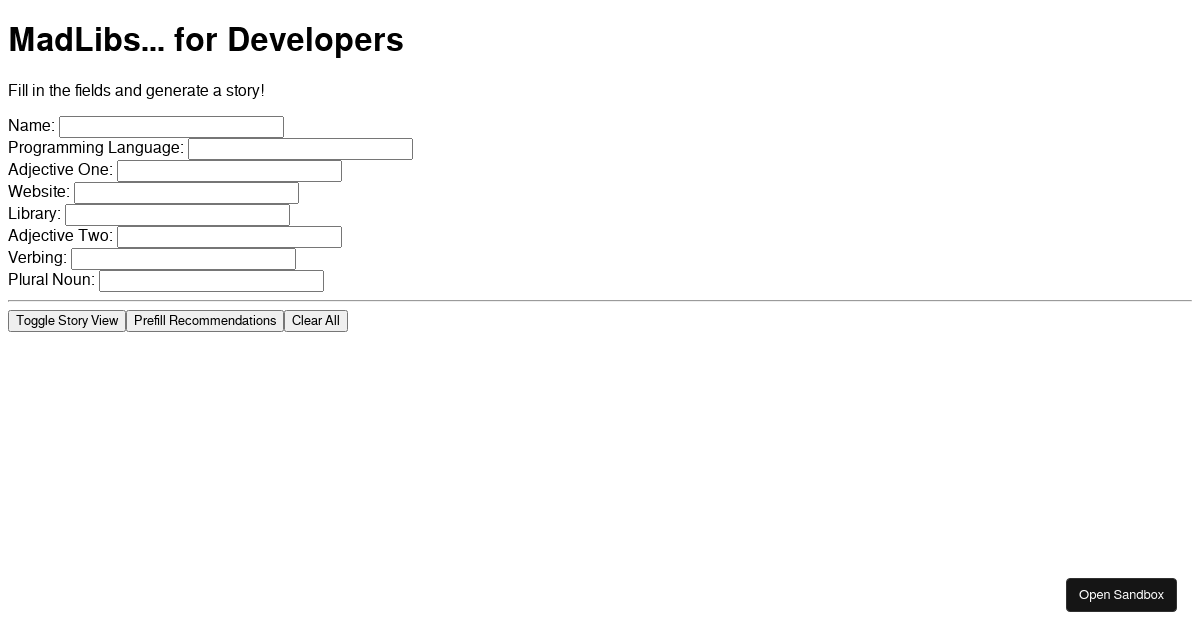 useRiducer example - MadLibs for Developers - Codesandbox