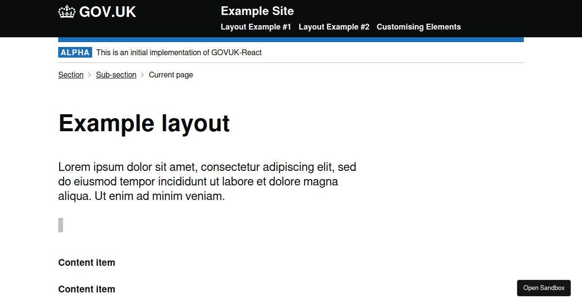 Test GOVUK React Layout - Codesandbox