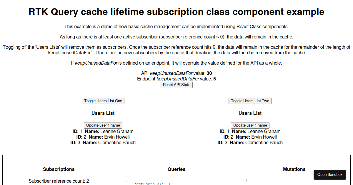 RTK Query cache lifetime subscription class component example - Codesandbox