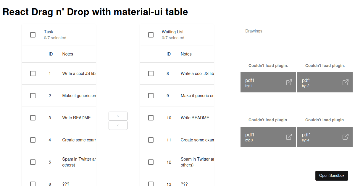 react DnD + material-ui (forked) - Codesandbox
