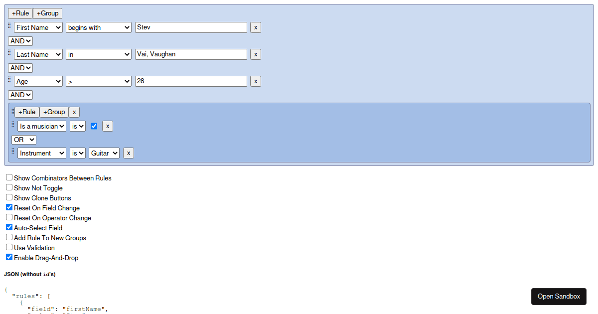 react-querybuilder react-bootstrap RuleGroup - Codesandbox