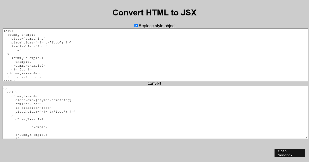 Convert HTML to JSX - Codesandbox Convert HTML to JSX - Codesandbox