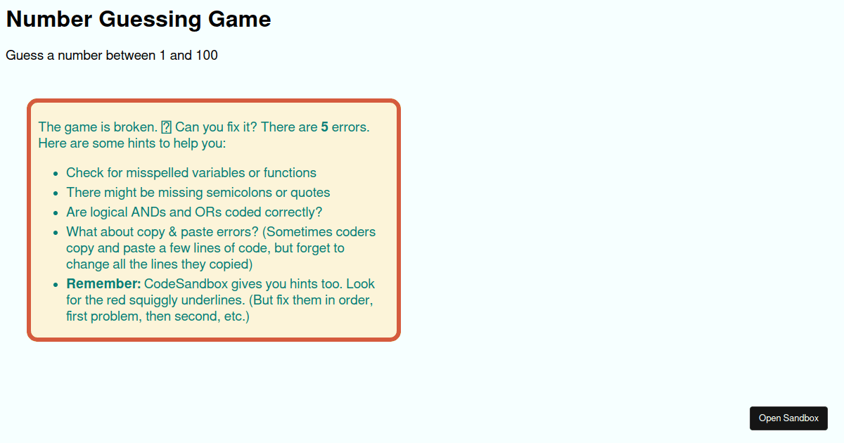 Number Guess Debug Challenge Codesandbox