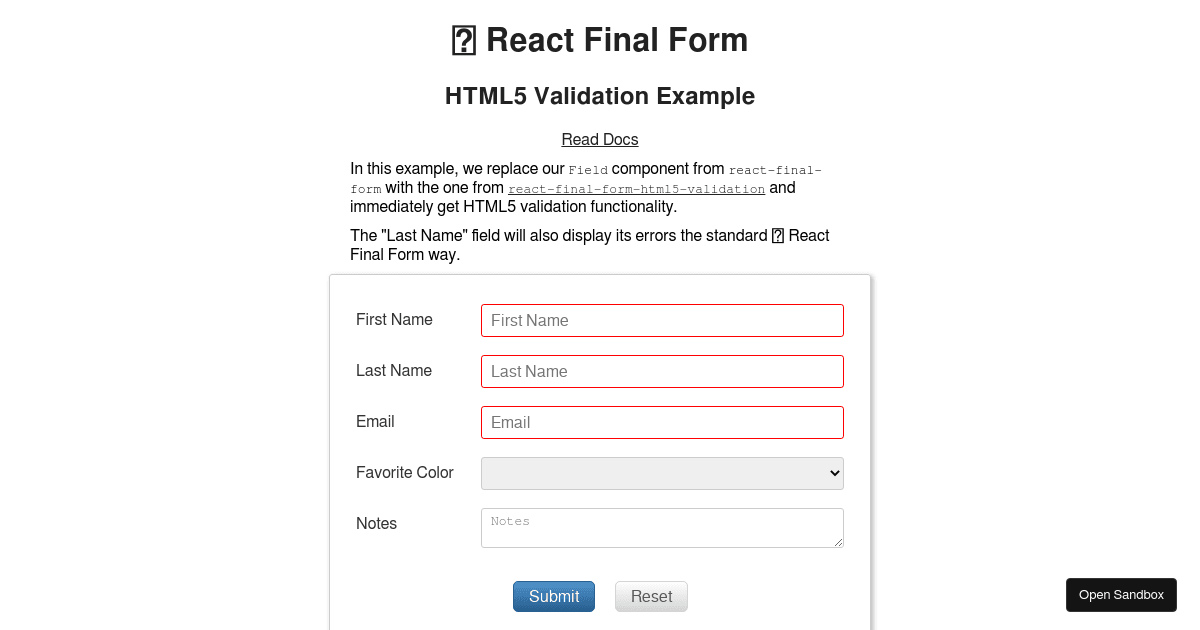 🏁 React Final Form - HTML5 Validation Example - Codesandbox