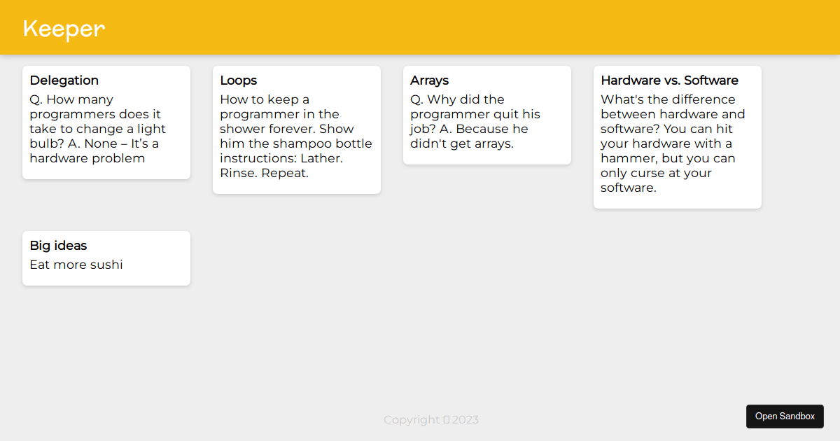 Keeper App Part 2 Completed - Codesandbox