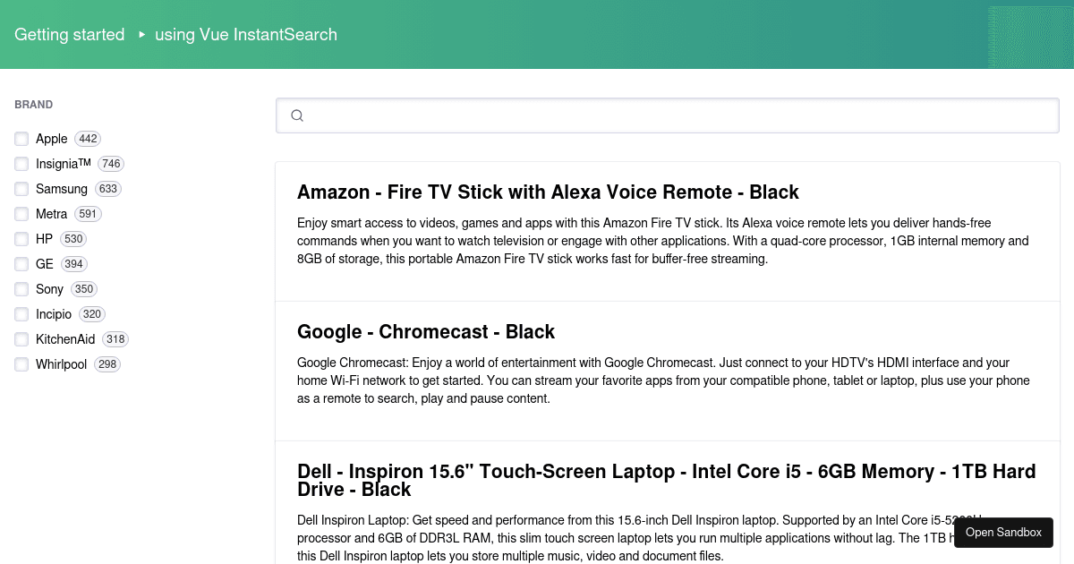 Example Vue Instantsearch Getting Started Codesandbox