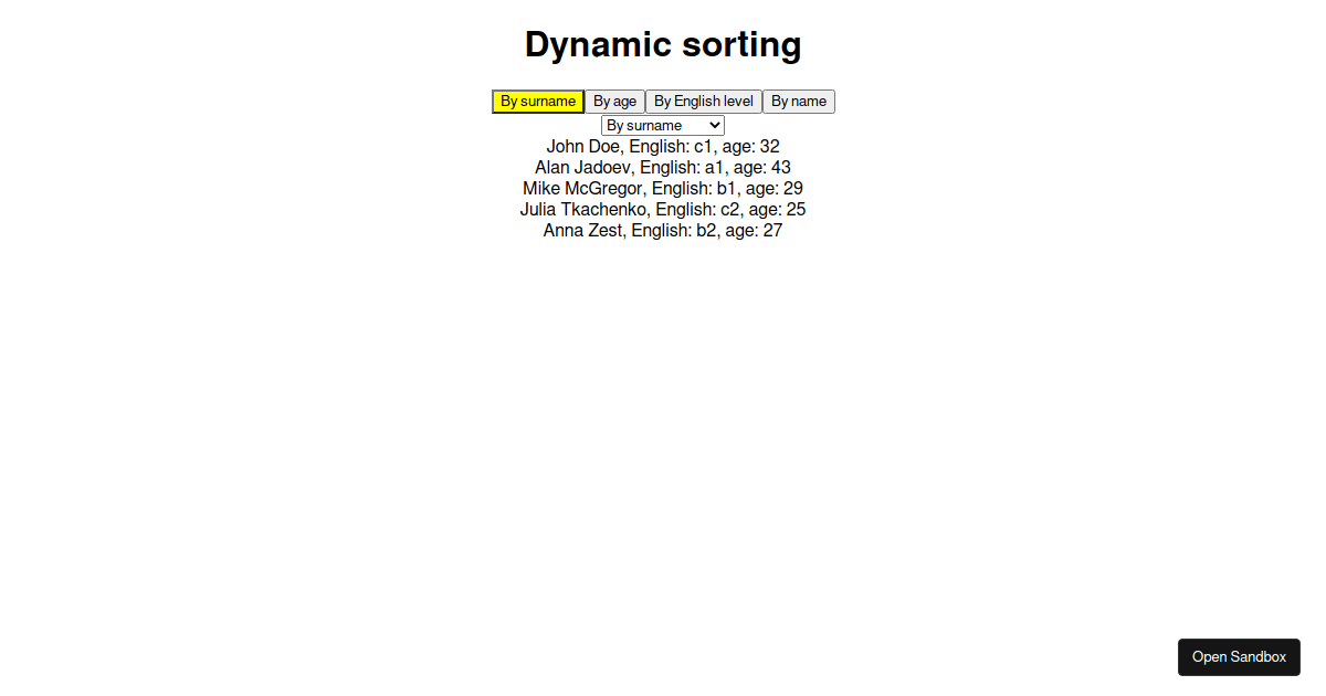 Sorting options from drop down menu + buttons - Codesandbox