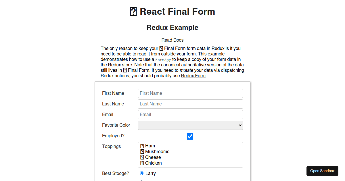 🏁 React Final Form - Redux Example - Codesandbox