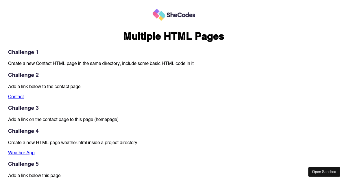 Multiple HTML Pages - Challenge (forked) - Codesandbox Multiple HTML Pages - Challenge (forked) - Codesandbox