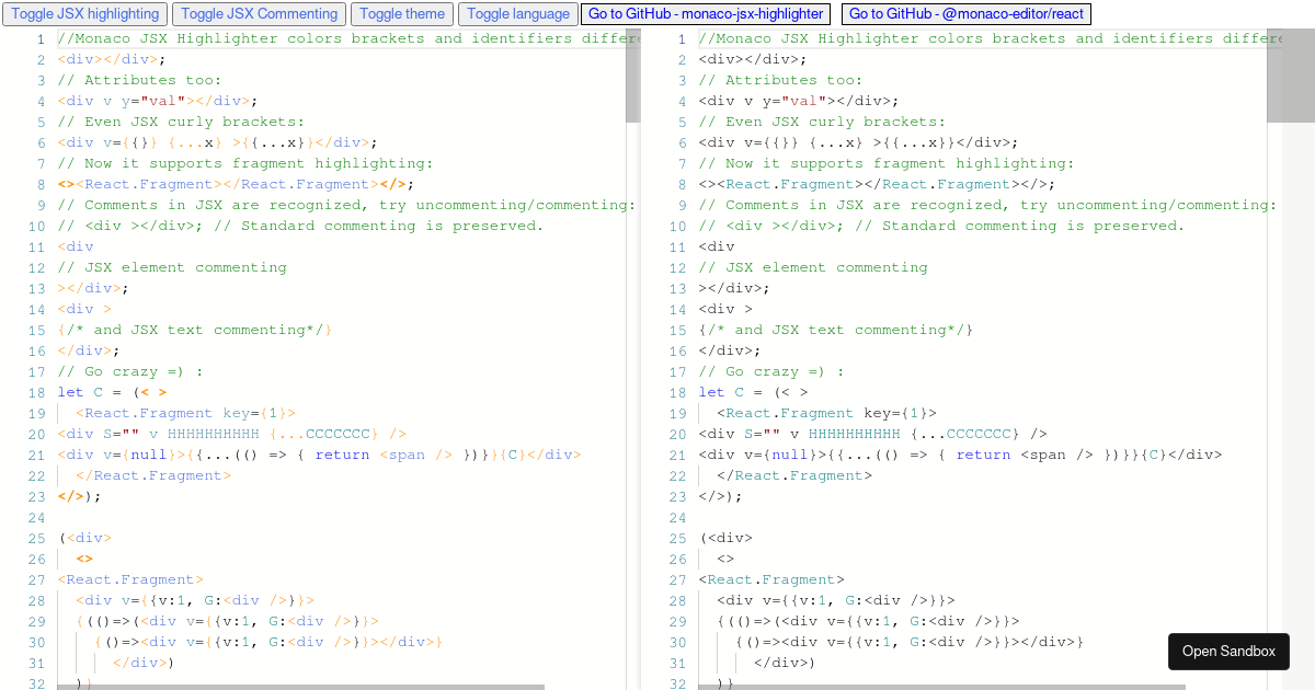 Monaco DiffEditor React with JSX highlighting - Codesandbox