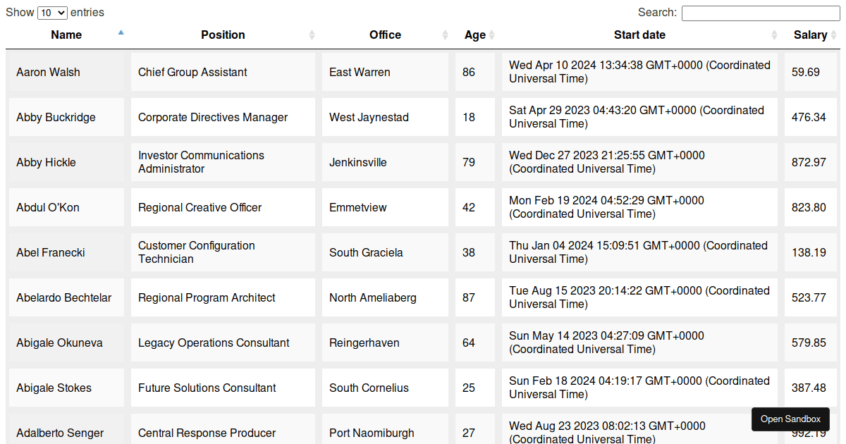 Datatable Codesandbox
