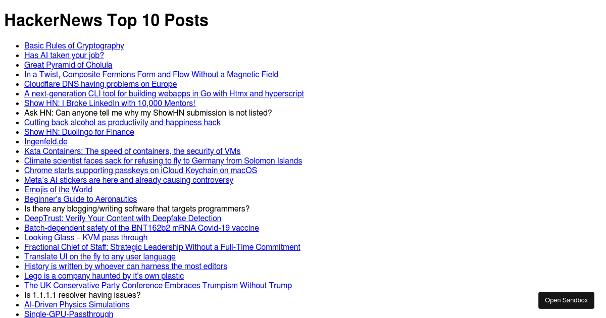 HackerNews - Top 10 Posts - Codesandbox