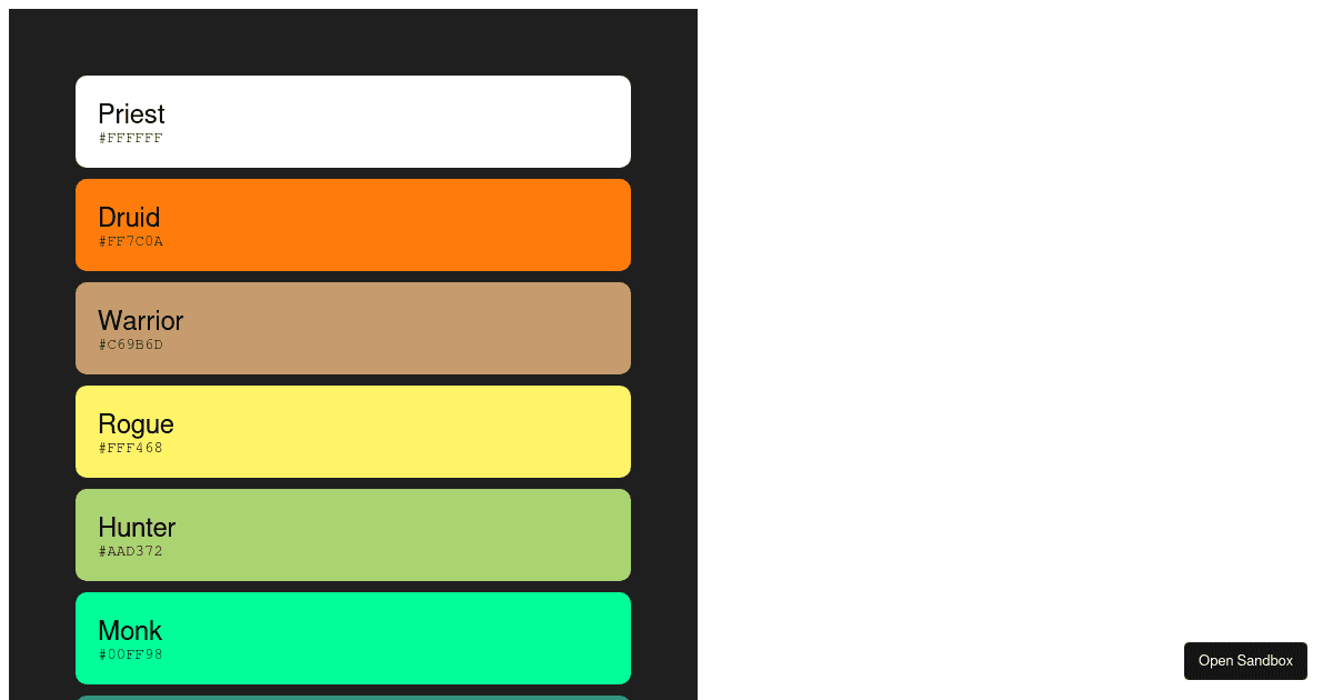 Warcraft Class Colors Sorted By HSL - Codesandbox