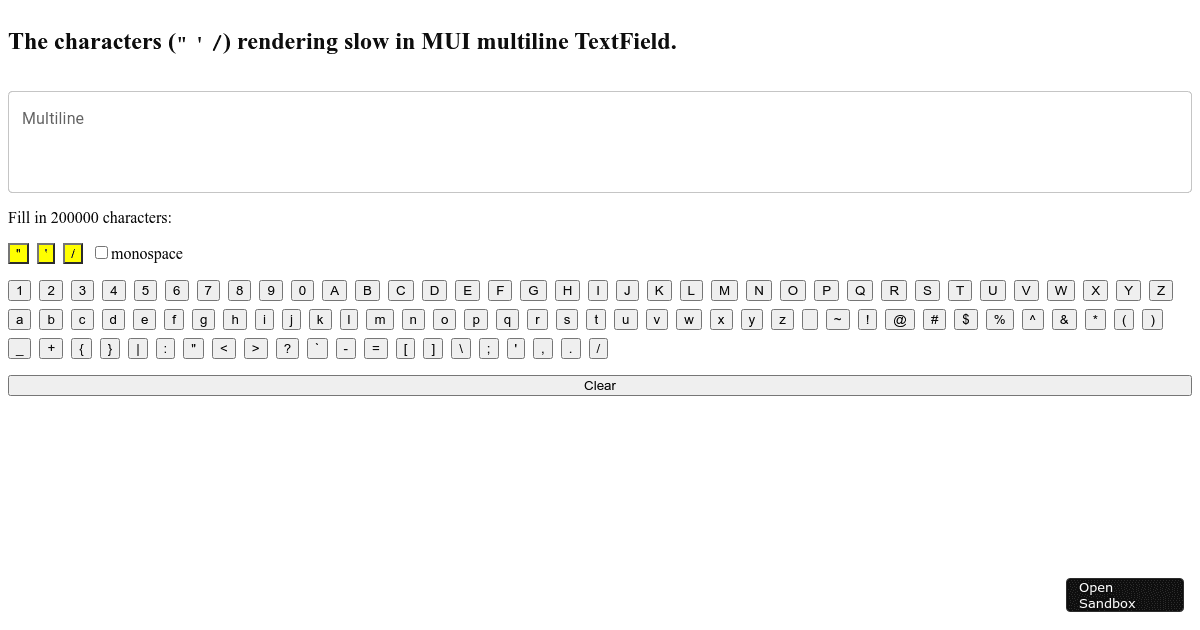 quote and slash rendering slow in mui multiline textfield - Codesandbox quote and slash rendering slow in mui multiline textfield - Codesandbox