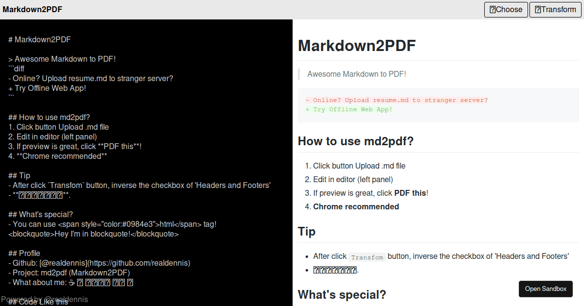 Markdown2PDF - Codesandbox