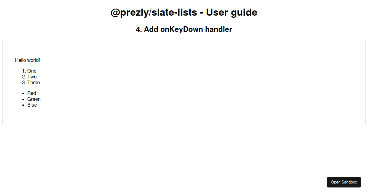@prezly/slate-lists - User guide - 4. Add `onKeyDown` handler - Codesandbox