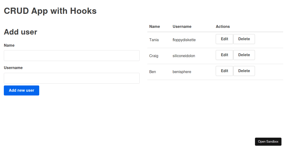 CRUD App with Hooks - Codesandbox