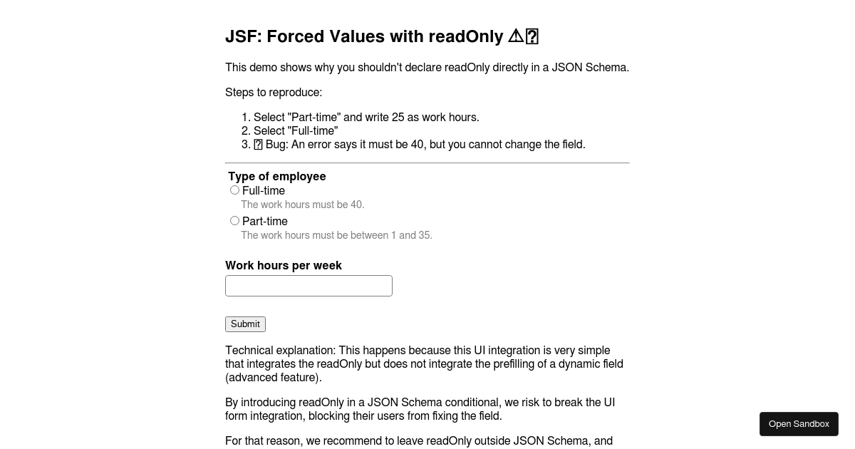 json-schema-form: Demo - forced values - bug - Codesandbox