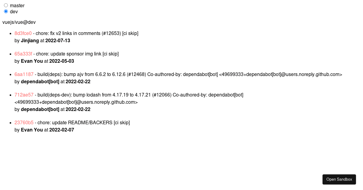 Github Commits modrnjs example - Codesandbox