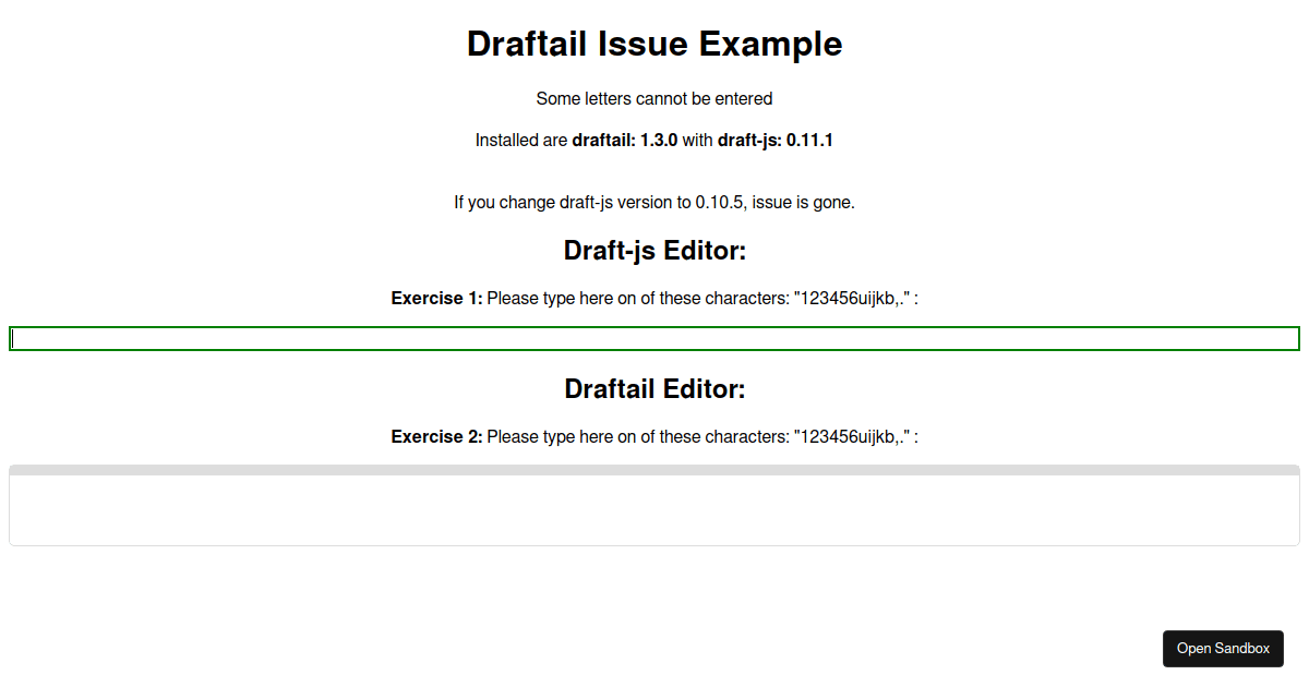 draftail editor issue writing 123456uijkb,. - Codesandbox