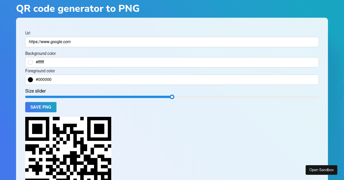 React QR code generator + save to png (forked) - Codesandbox