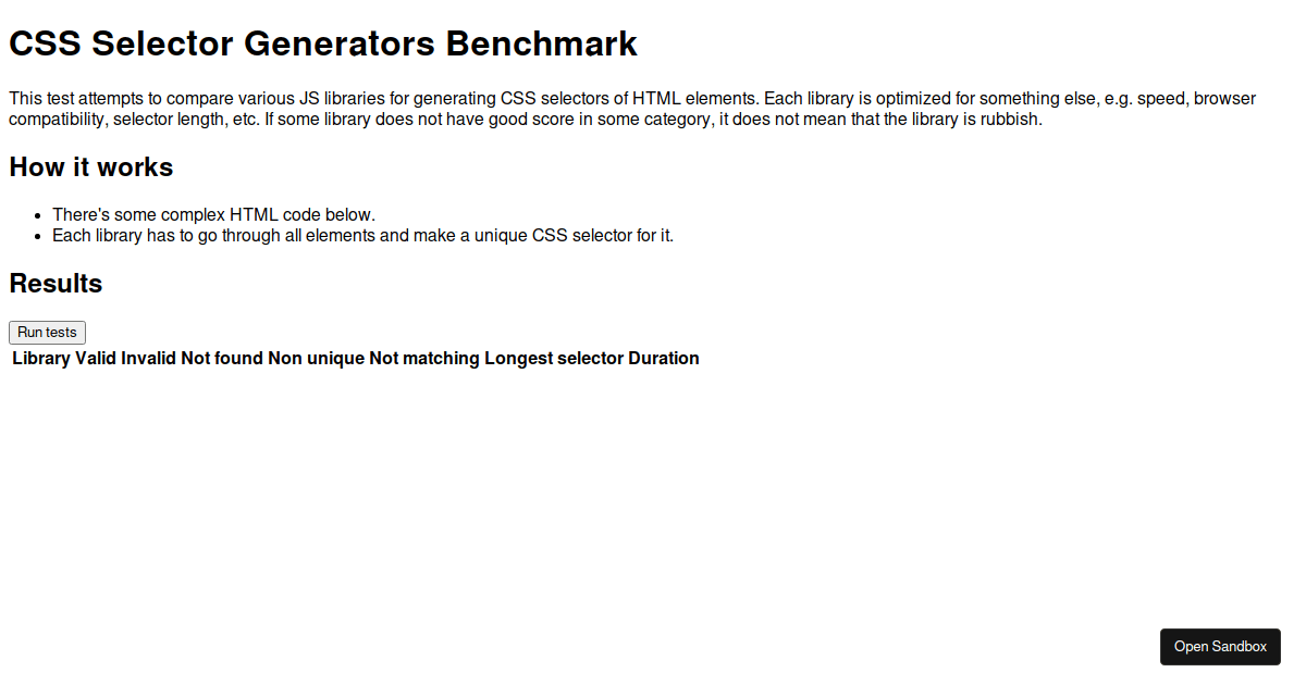 Css Selector Generator Benchmark Codesandbox