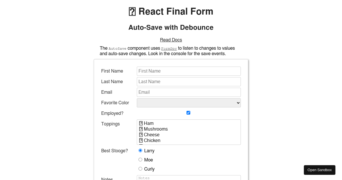 🏁 React Final Form - Auto-Save with Debounce - Codesandbox