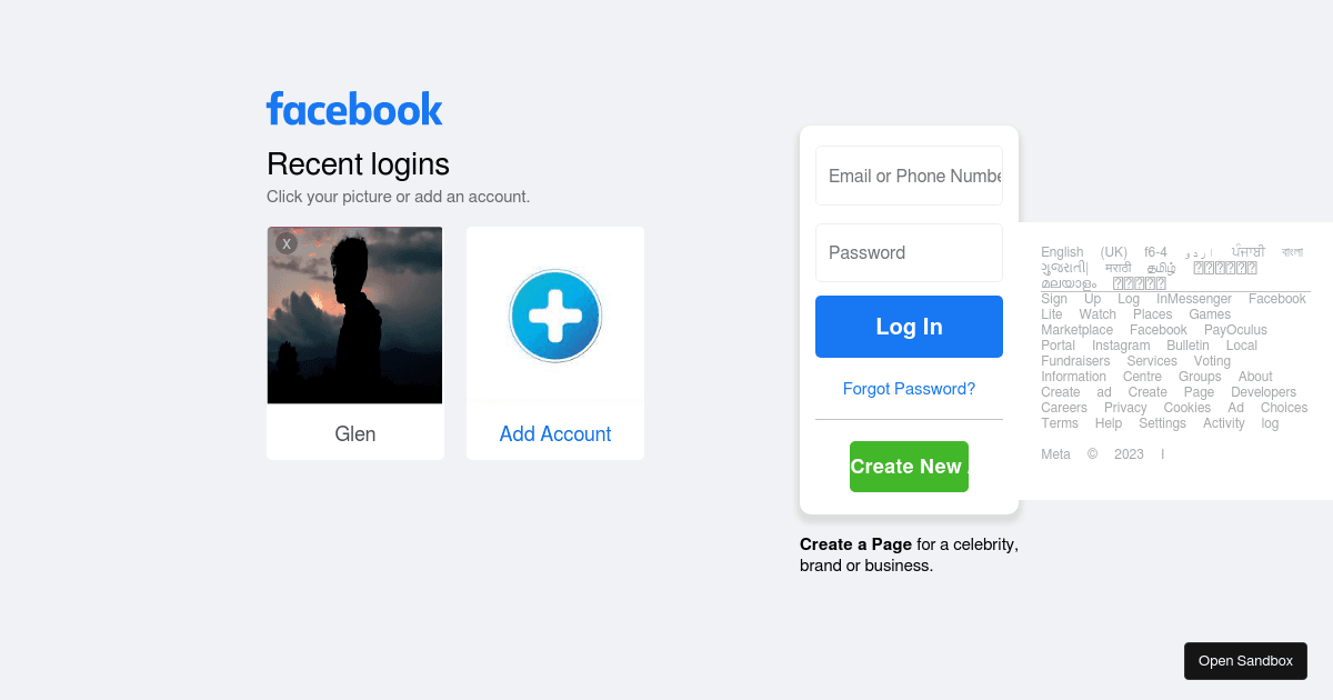 Facebook login page - Codesandbox