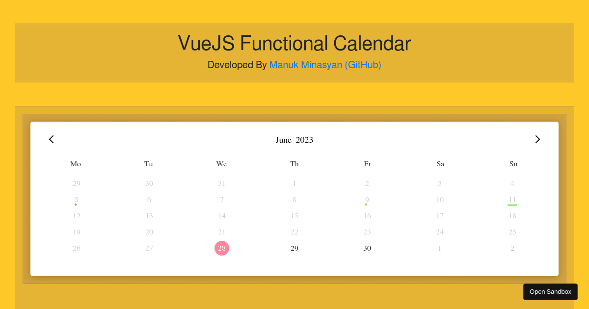 VueJS Functional Calendar Component - Codesandbox