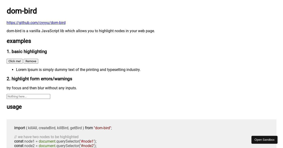 dom-bird example - Codesandbox