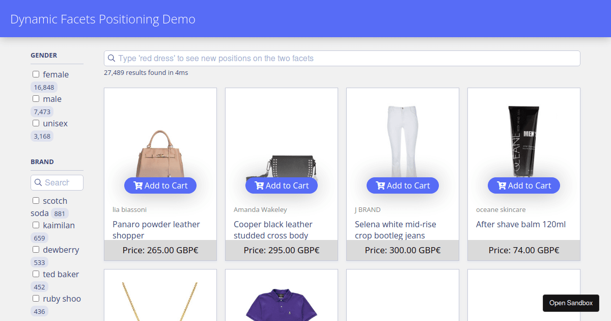 Dynamic facet positions and hide facet values - Codesandbox
