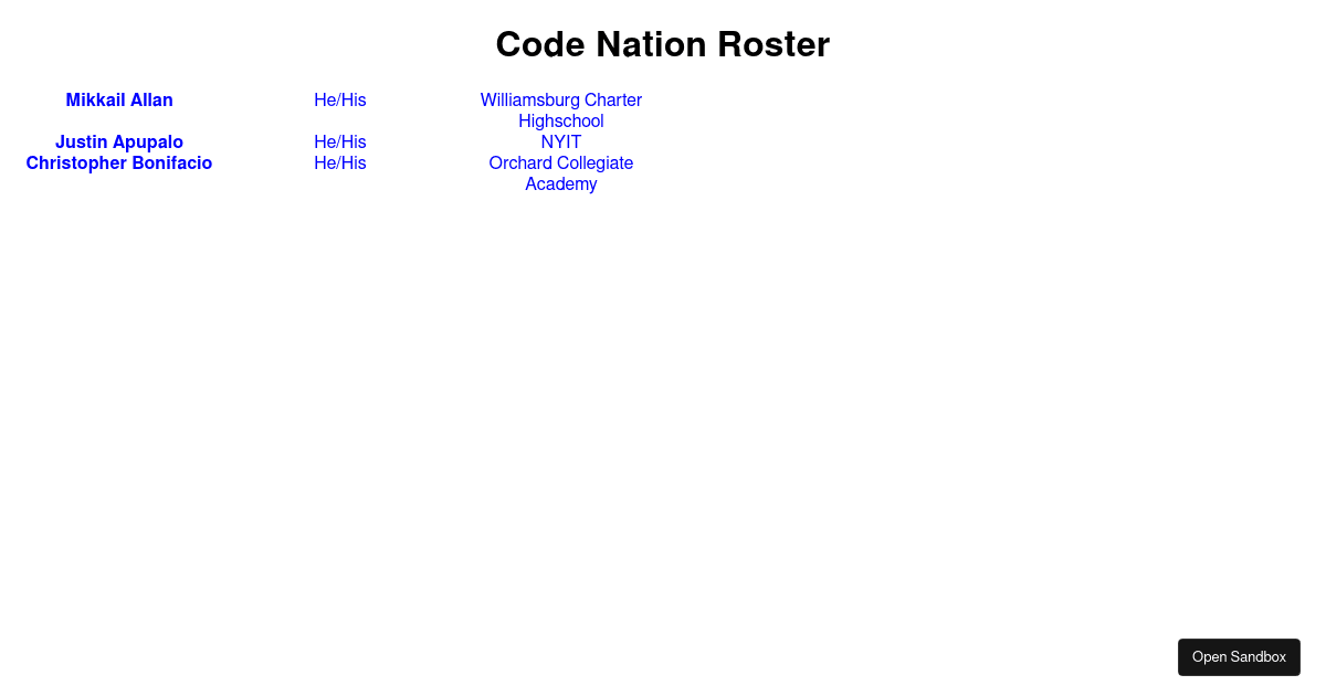 code-nation-roster-project - Codesandbox