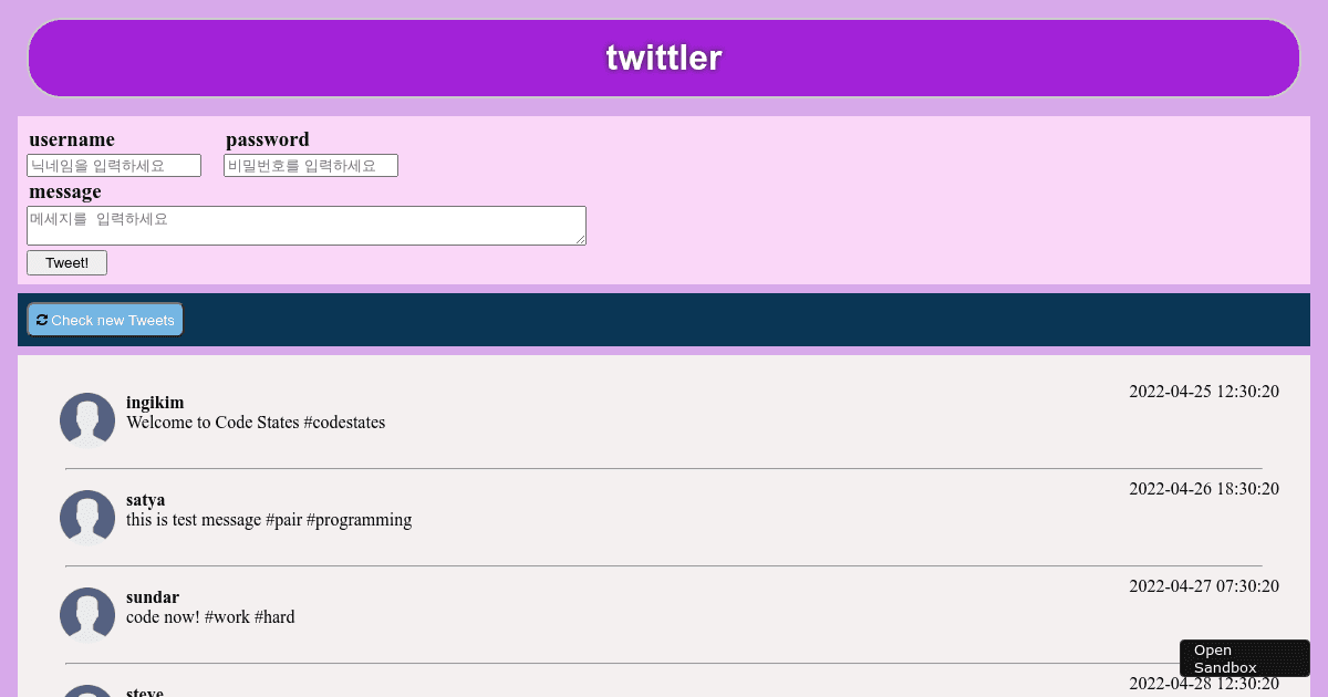 twittler (forked) - Codesandbox