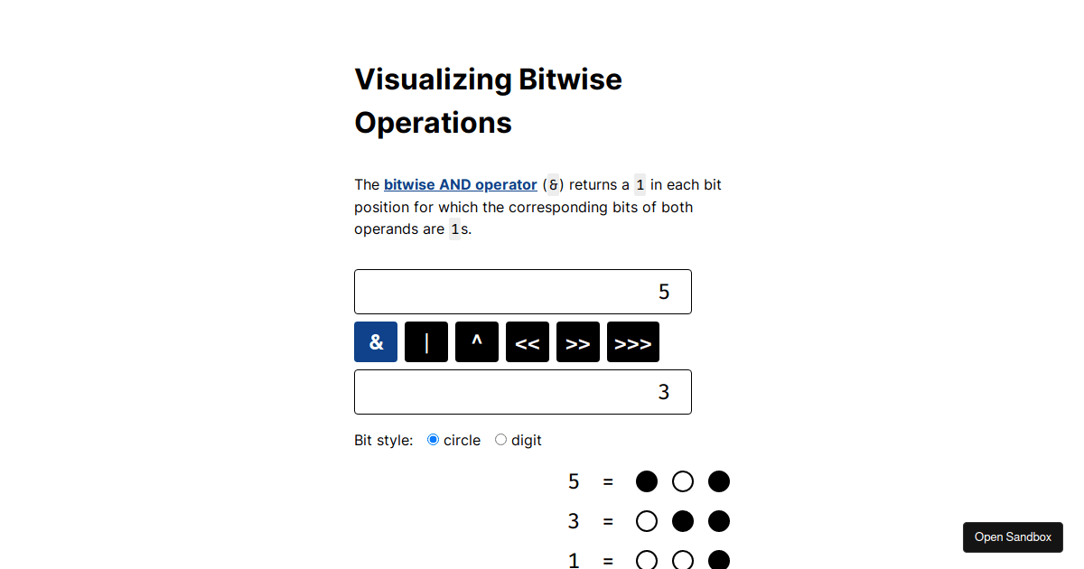 Visualizing Bitwise Operations Codesandbox