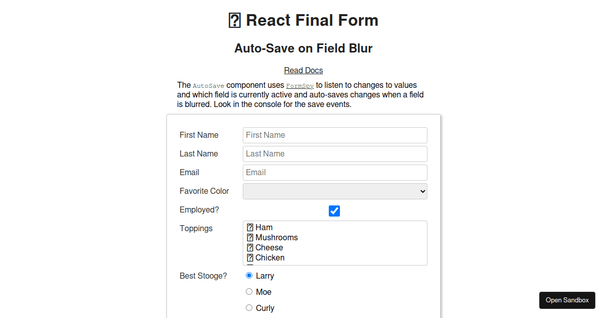 🏁 React Final Form - Auto-Save on Field Blur - Codesandbox