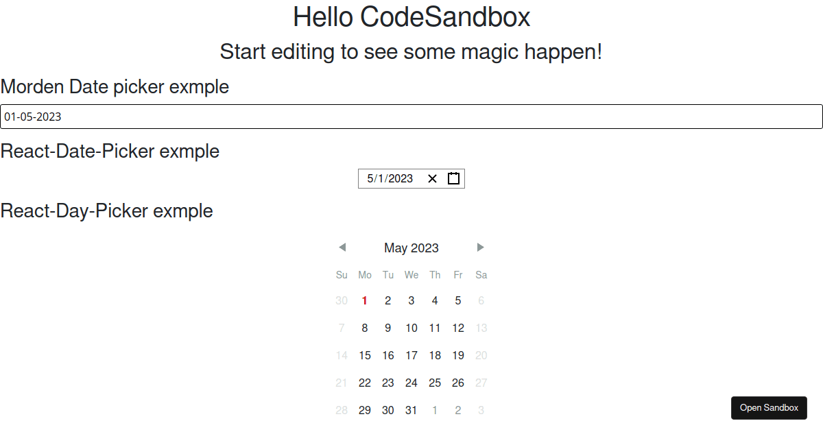 Datepicker exmple - Codesandbox